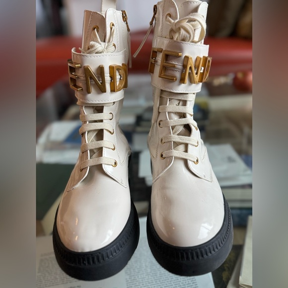 no brand | Shoes | Fendigraphy Signature Logo Biker Boots Patent ...